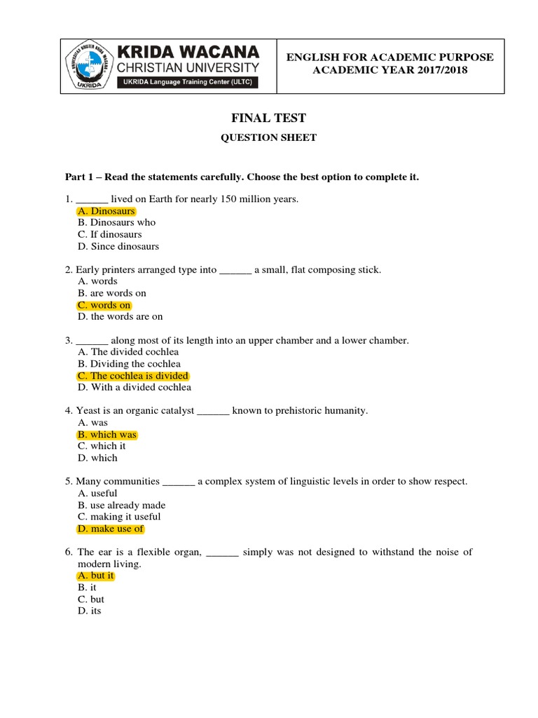 Final Test: Question Sheet | PDF | Elephant | Helicopter