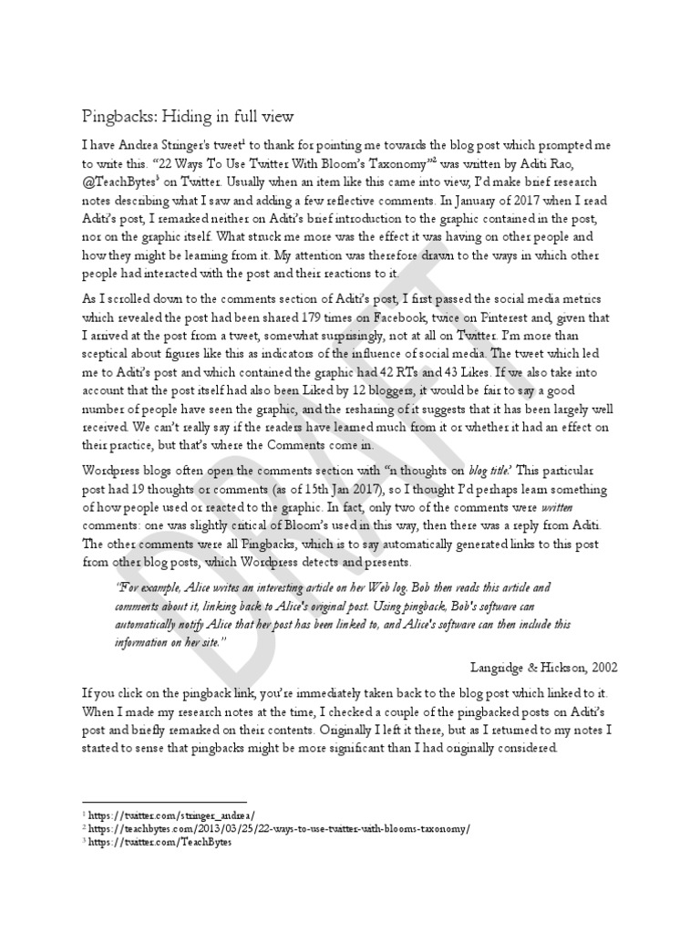 Pingbacks - Hiding in Full View - DRAFT | PDF | Blog | Microblogging