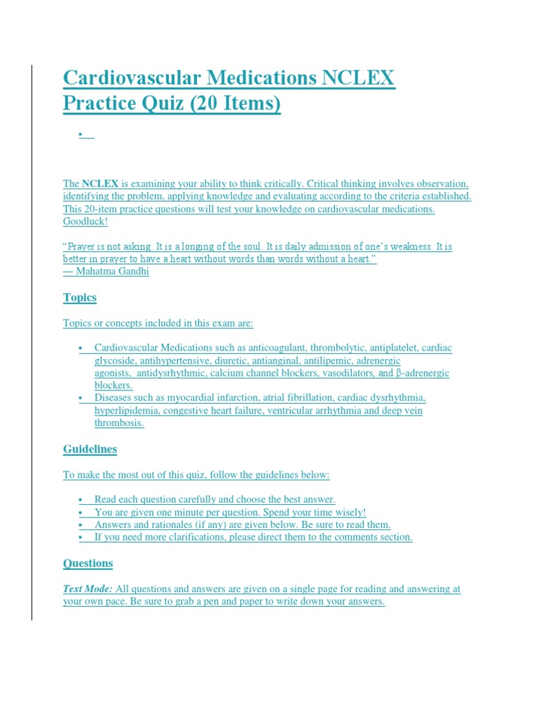 Cardiovascular Medications NCLEX Practice Quiz | PDF | National Council ...