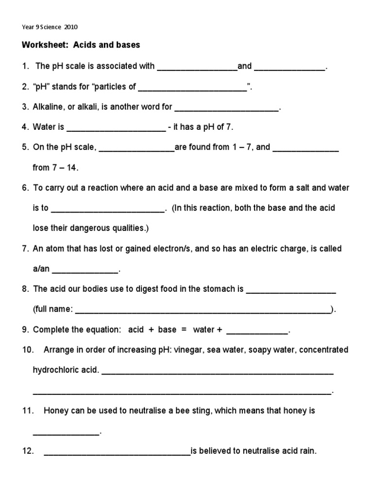 Grade 9 Acids and Bases Worksheet | PDF | Science & Mathematics