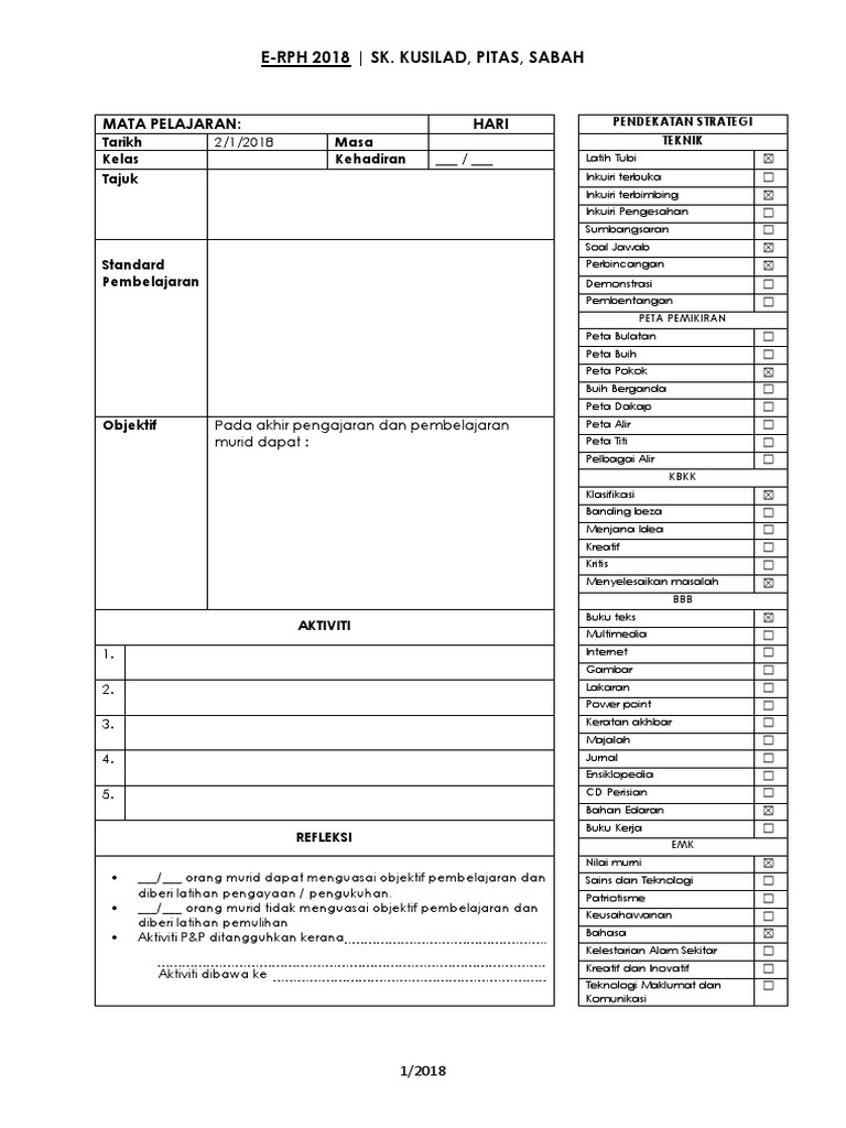 Rancangan Pengajaran Harian E-RPH 2018 | PDF