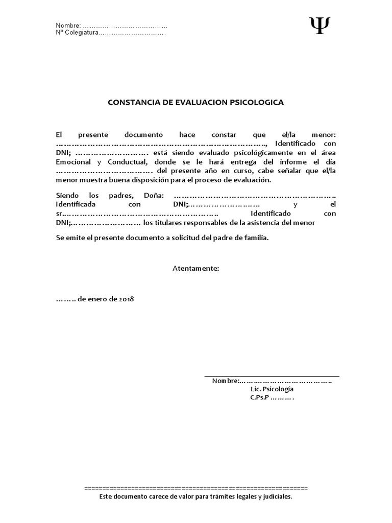 Formato de Constancia de Evaluacion Psicologica | PDF | Crecimiento personal y profesional