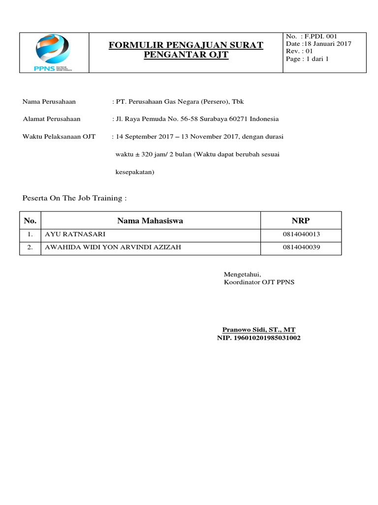Formulir Surat Pengantar OJT | PDF