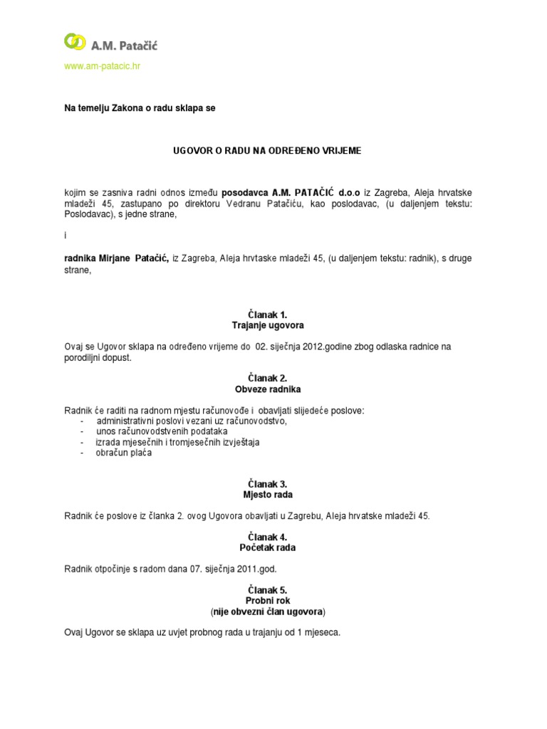 Ugovor o Radu Na Određeno Vrijeme | PDF