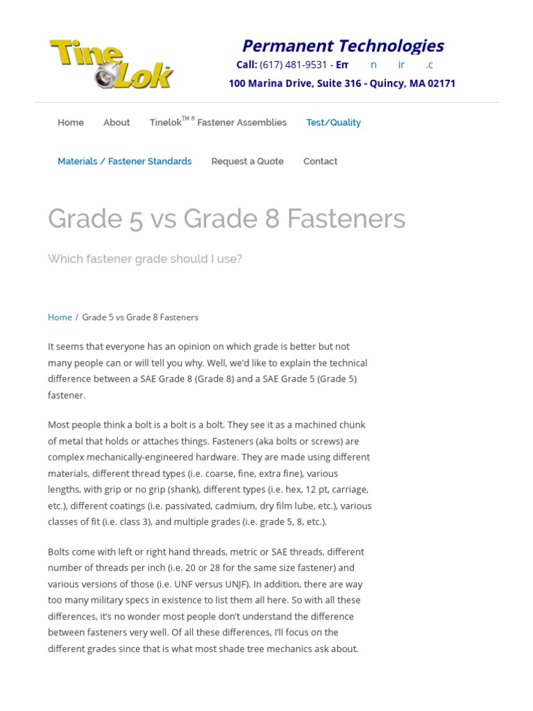 Grade 5 Vs Grade 8 Fasteners - TineLok | PDF | Screw | Ultimate Tensile ...
