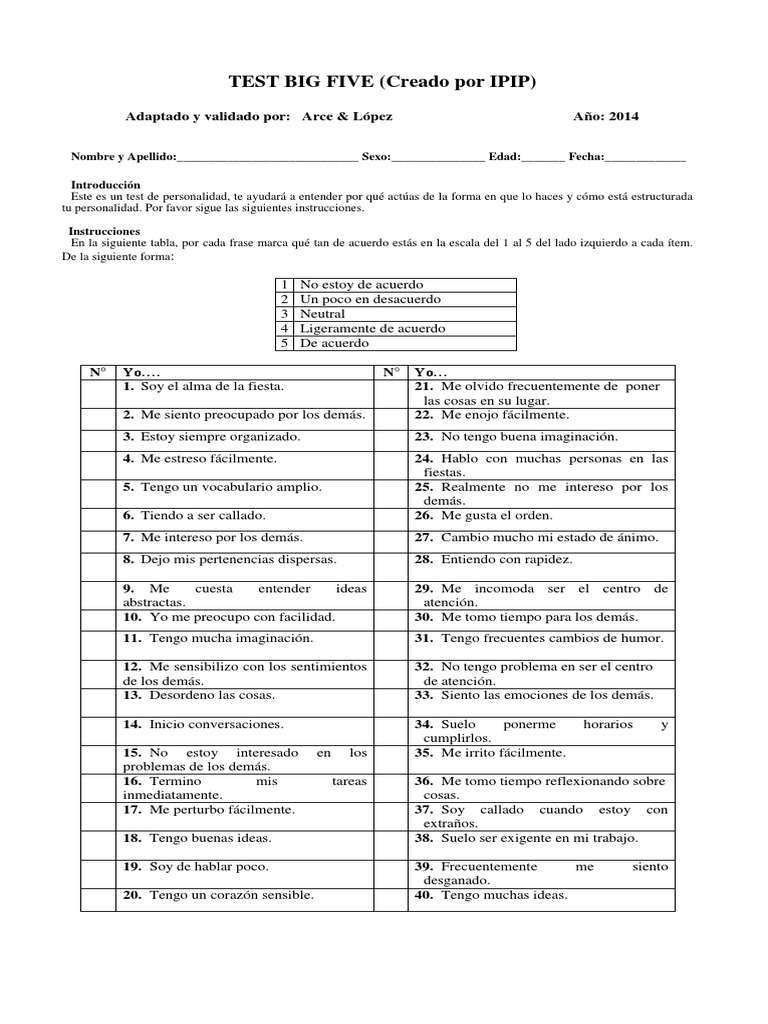 Test de Personalidad Big Five 2014 | PDF | Ajedrez | Juegos y actividades