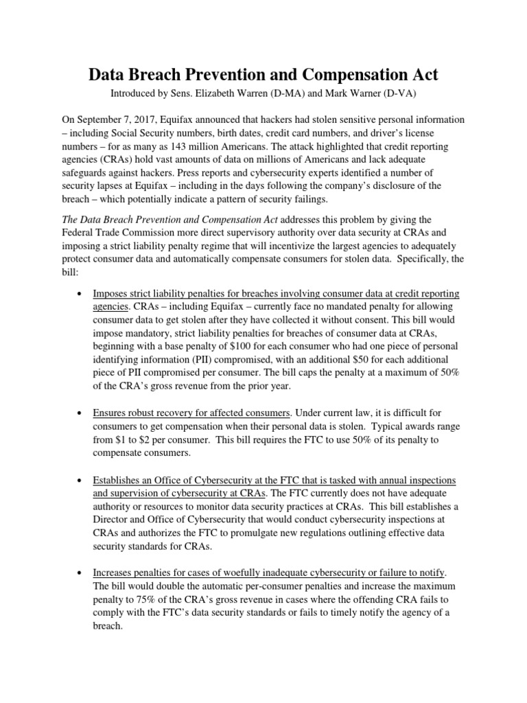 Data Breach Prevention and Compensation Act One-Pager | PDF | Computer ...