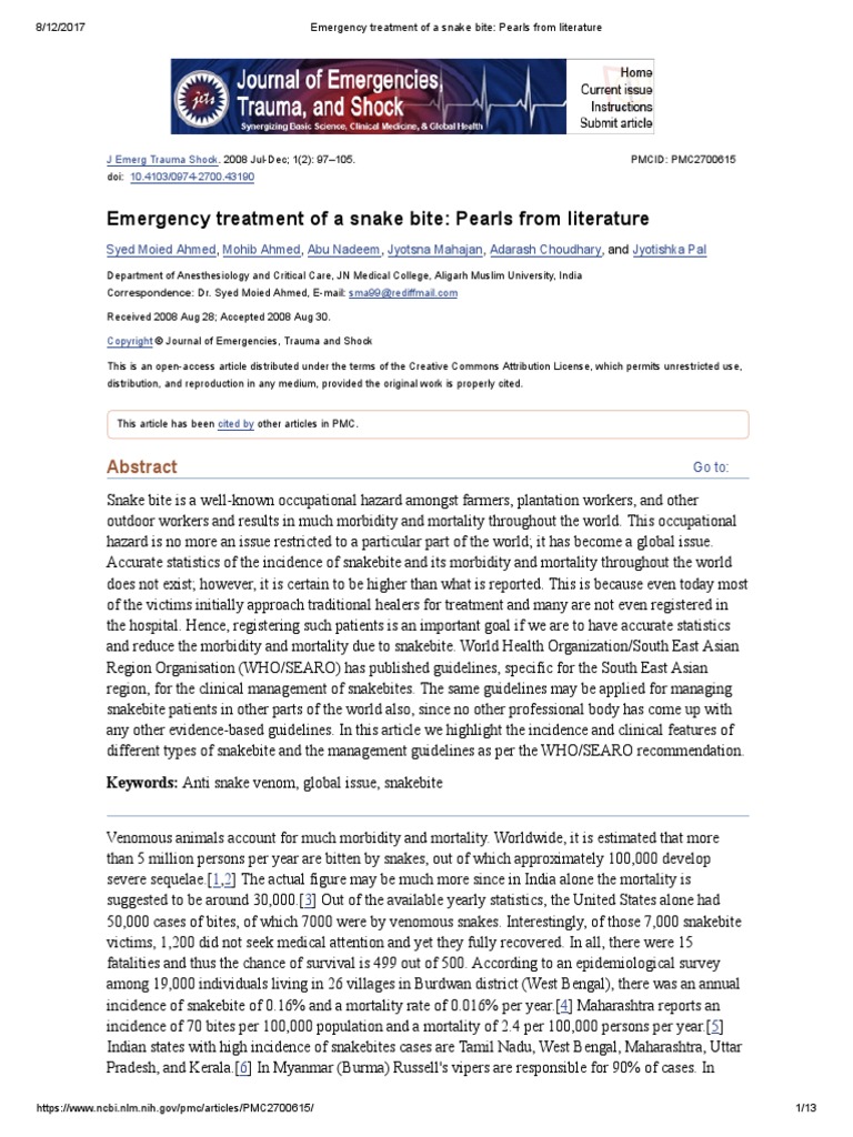 Emergency Treatment of A Snake Bite: Pearls From Literature | PDF ...