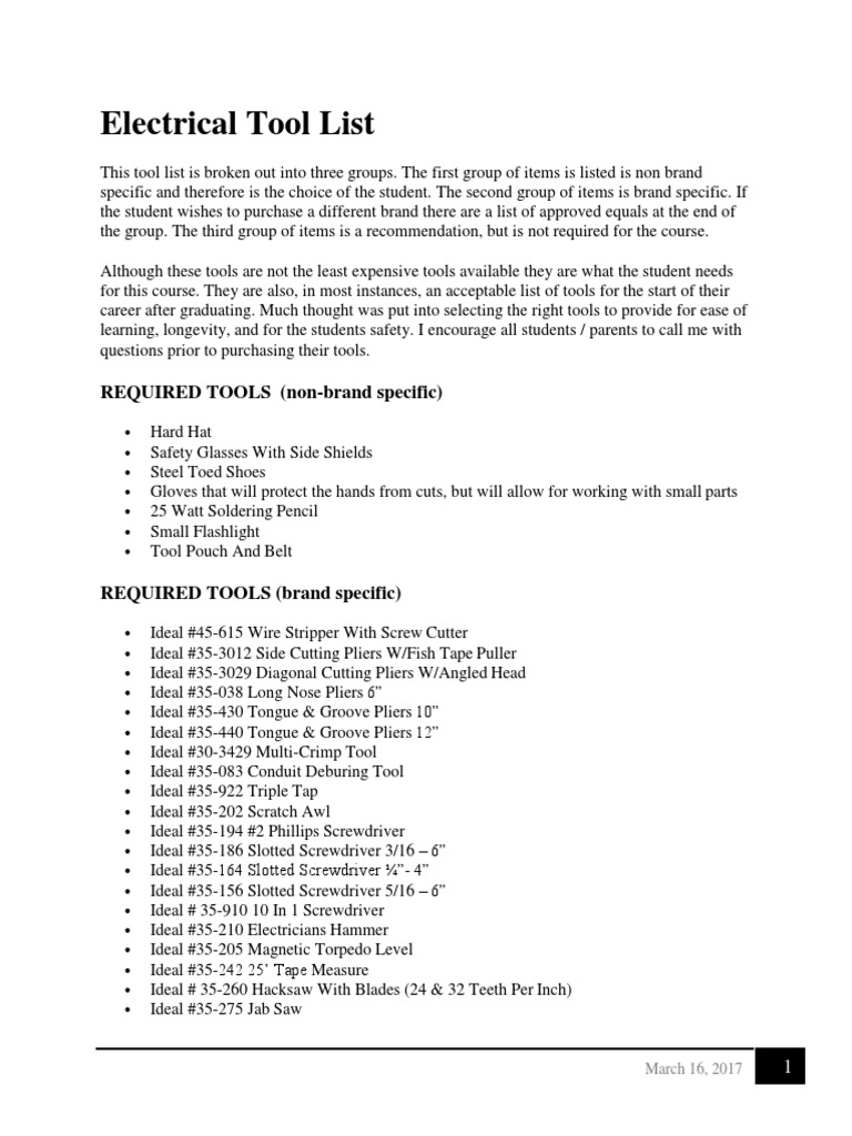 AD Document Electrical Tool List | PDF | Tools | Equipment