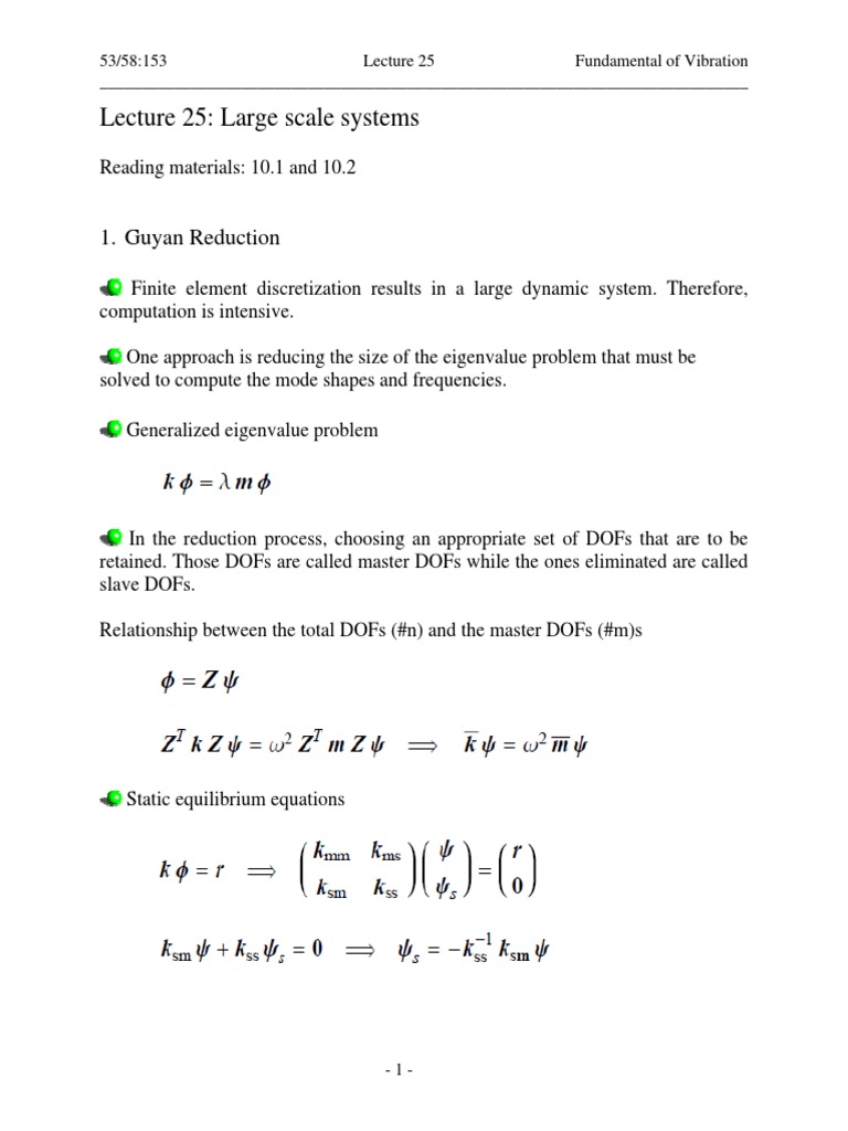 Lecture 25: Large Scale Systems: 1. Guyan Reduction | PDF | Eigenvalues ...