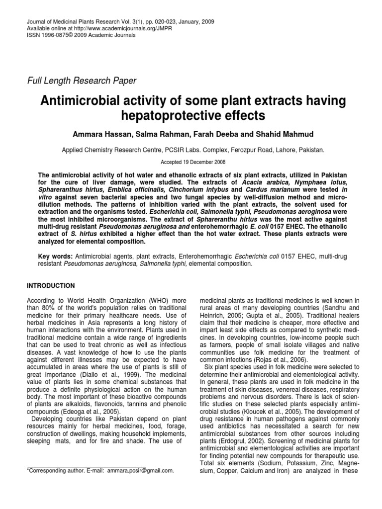Antimicrobial Activity of Some Plant Extracts Having Hepatoprotective ...