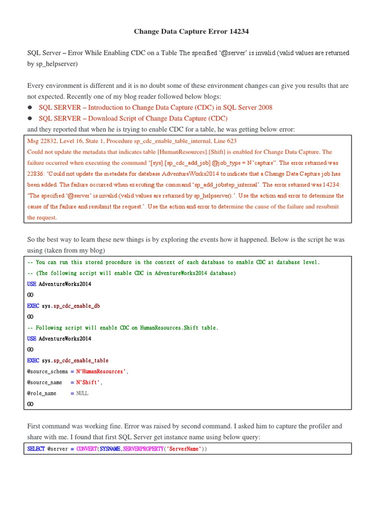 Change Data Capture Error 14234 | PDF | Microsoft Sql Server | Sql