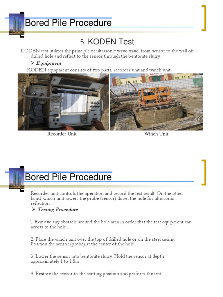 Bored Pile Procedure: 5. KODEN Test | PDF