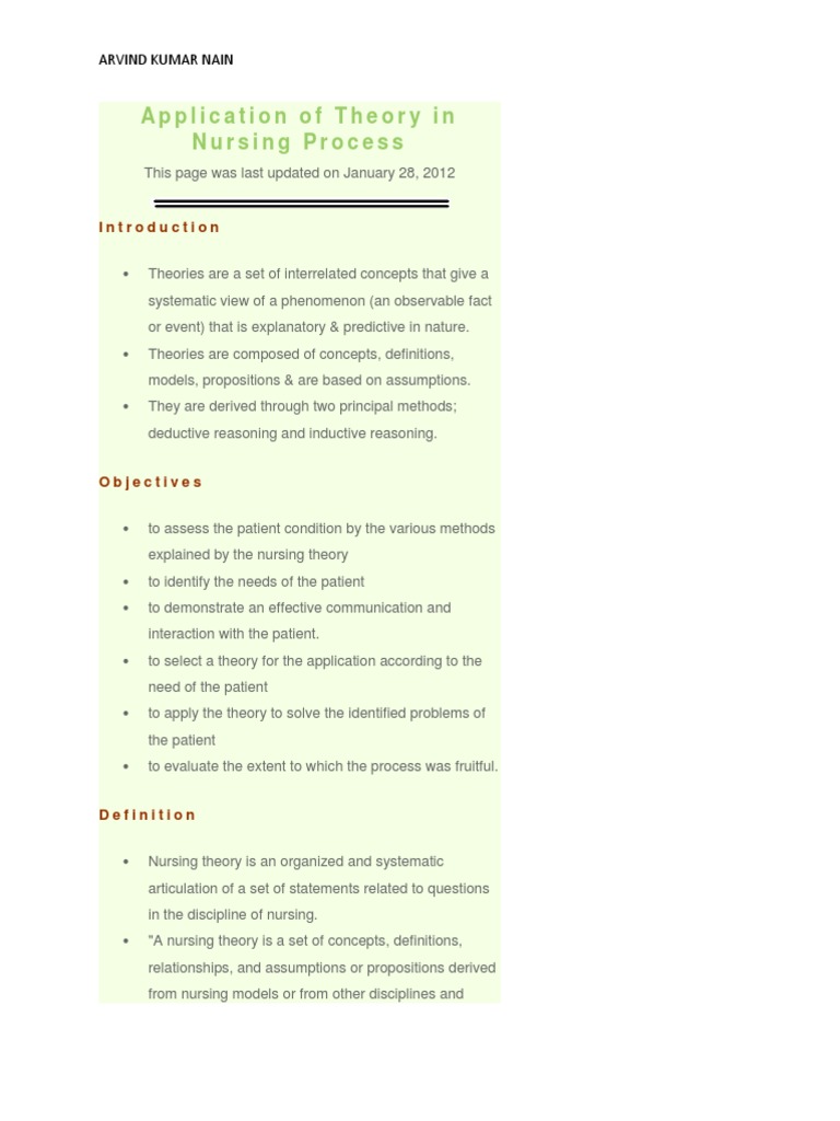 Application of Theory in Nursing Process: Arvind Kumar Nain | PDF ...