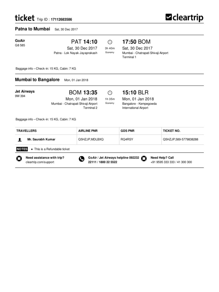 Cleartrip Flight Domestic E-Ticket | PDF | Fee | Airlines