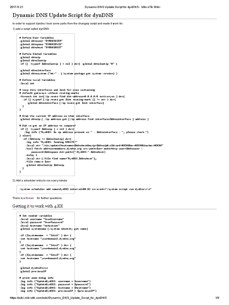 Dynamic DNS Update Script For DynDNS - MikroTik Wiki | PDF | Domain Name System | Ip Address