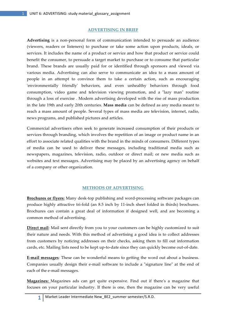 UNIT 6 Advertising Study Material Glossary Assignment | PDF ...