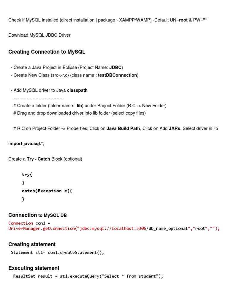Creating Connection To Mysql: Try Catch (Exception E) | PDF