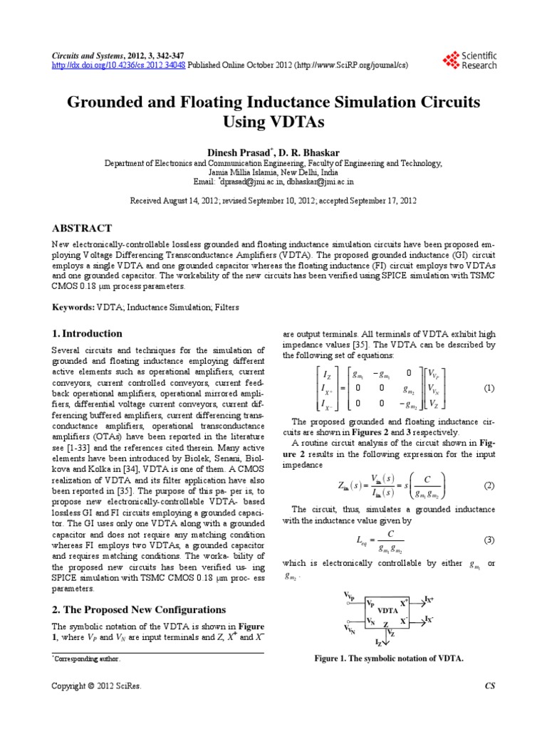 Grounded and Floating Inductance Simulation Circuits Using Vdtas | PDF ...