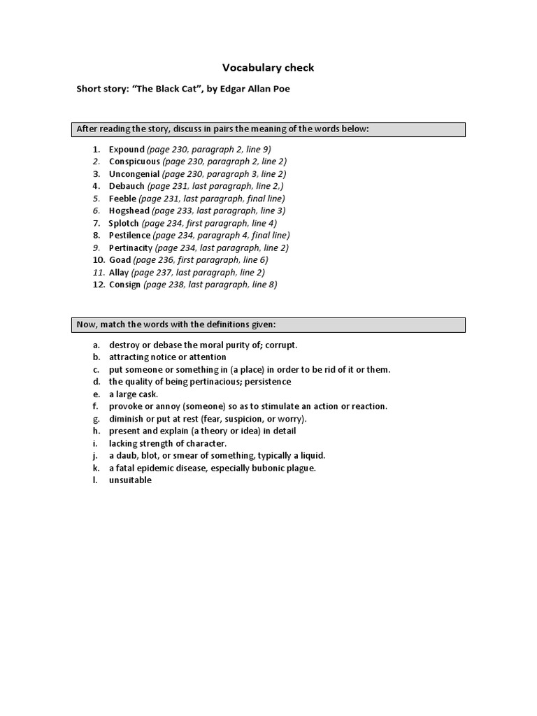 Vocabulary in "The Black Cat" Analysis | PDF | Narration