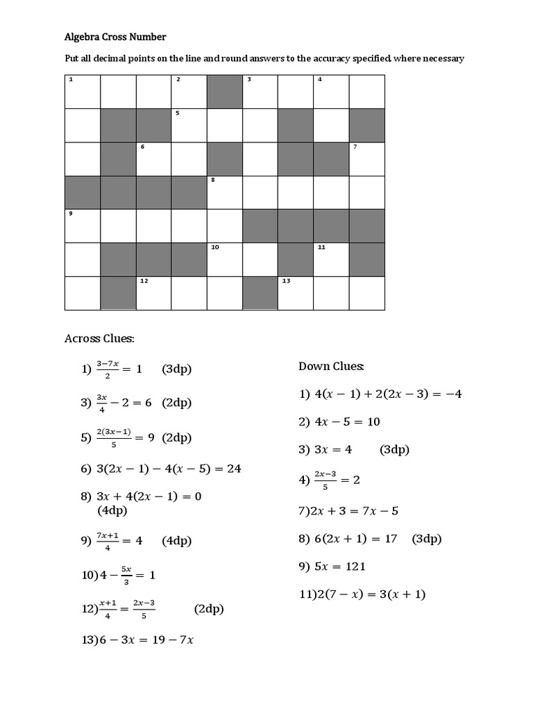 Algebra Cross Number Puzzle Solutions | PDF