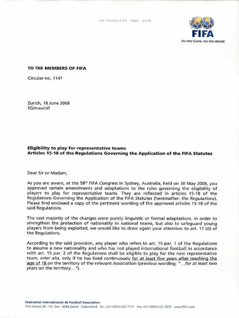 FIFA Player Eligibility Regulations Update | PDF | Fifa ...