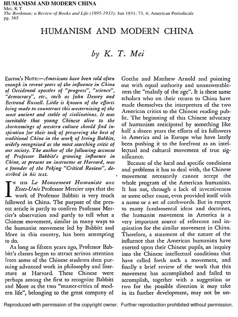 1931 Humanism and Modern China | PDF