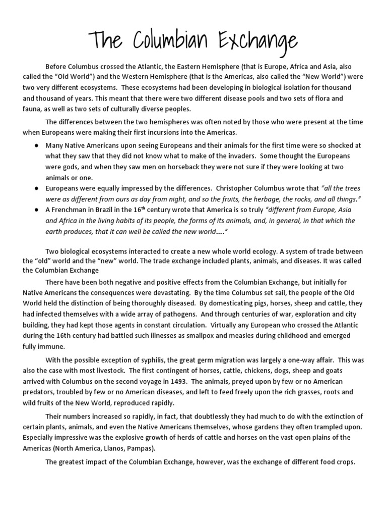 The Columbian Exchange Reading | PDF | Agriculture | Food And Drink