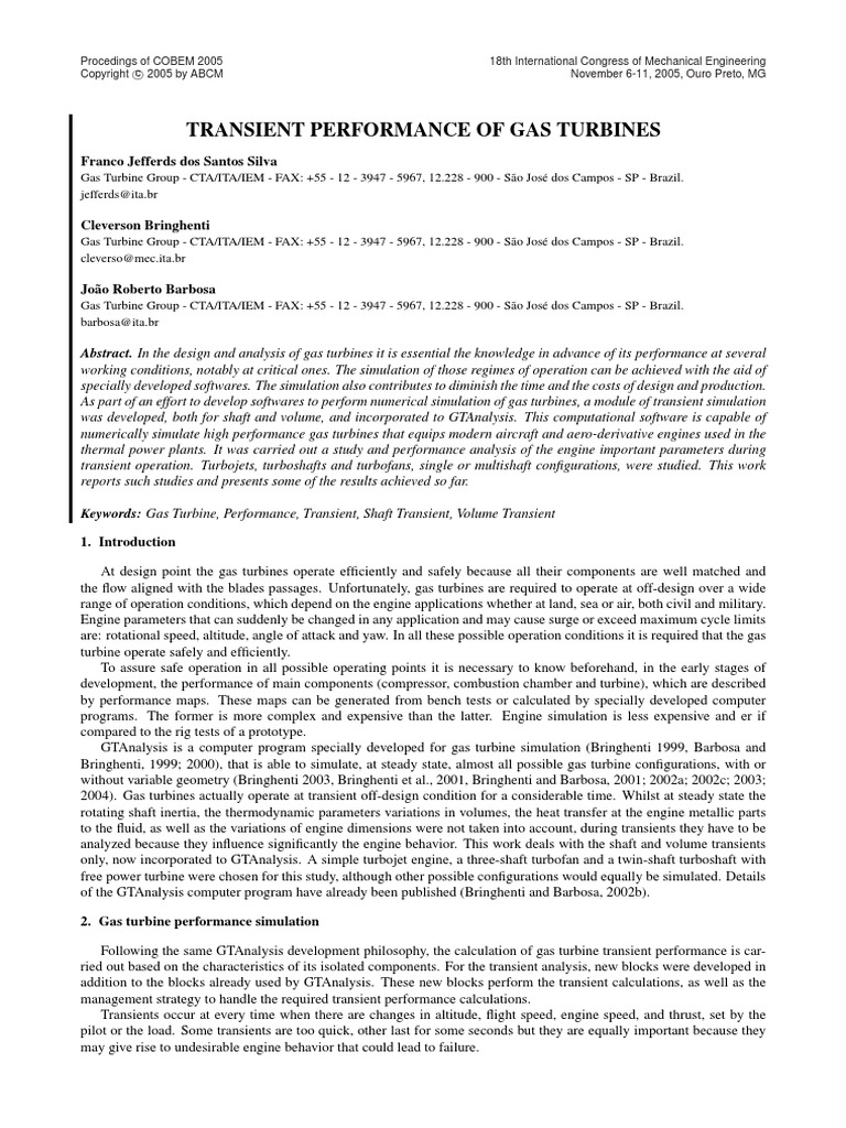 Transient Performance of Gas Turbines: ° 2005 by ABCM | PDF | Gas ...