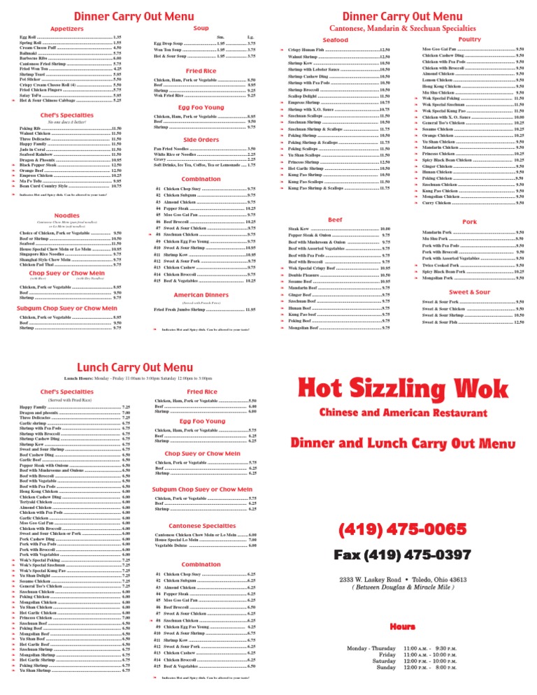 Dinner Carry Out Menu Dinner Carry Out Menu: Cantonese, Mandarin ...