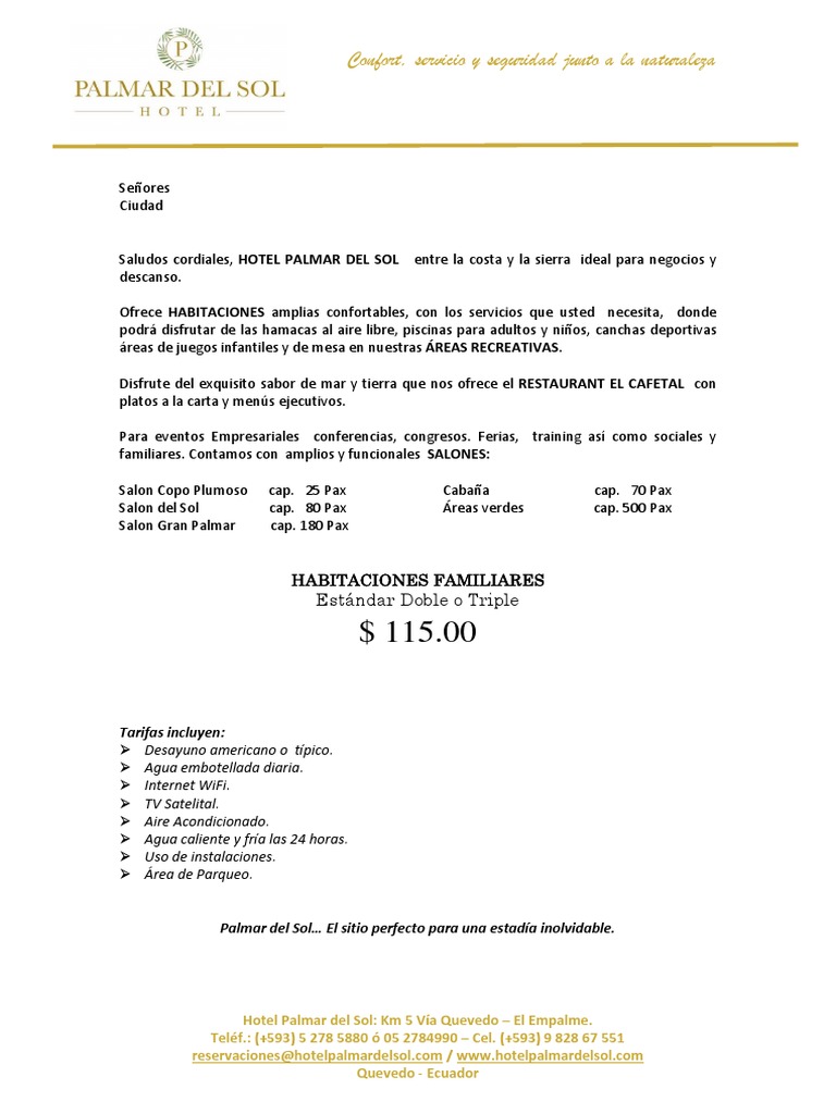 Carta de Presentacion Palmar Del Sol 2017 Tarifa Rack | PDF