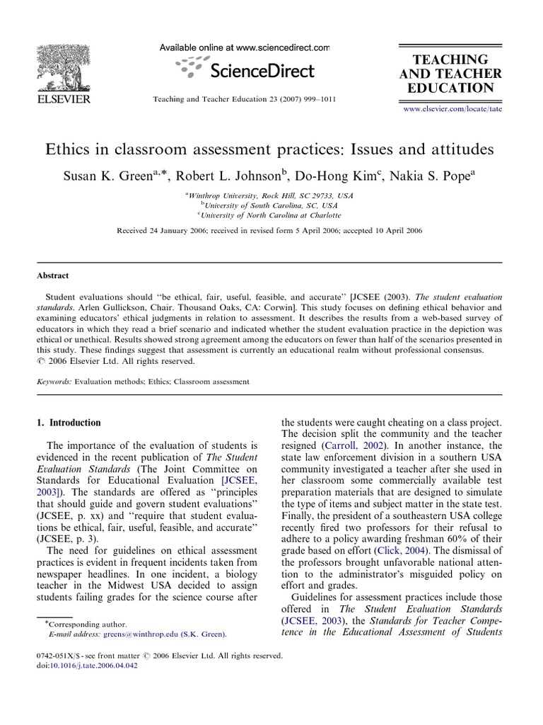 Ethics Classroom Assessment | PDF | Standardized Tests | Educational ...