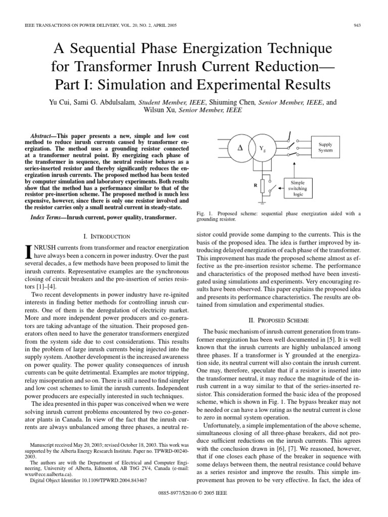A Sequential Phase Energization Technique For Transformer Inrush Current Reduction-Part I ...