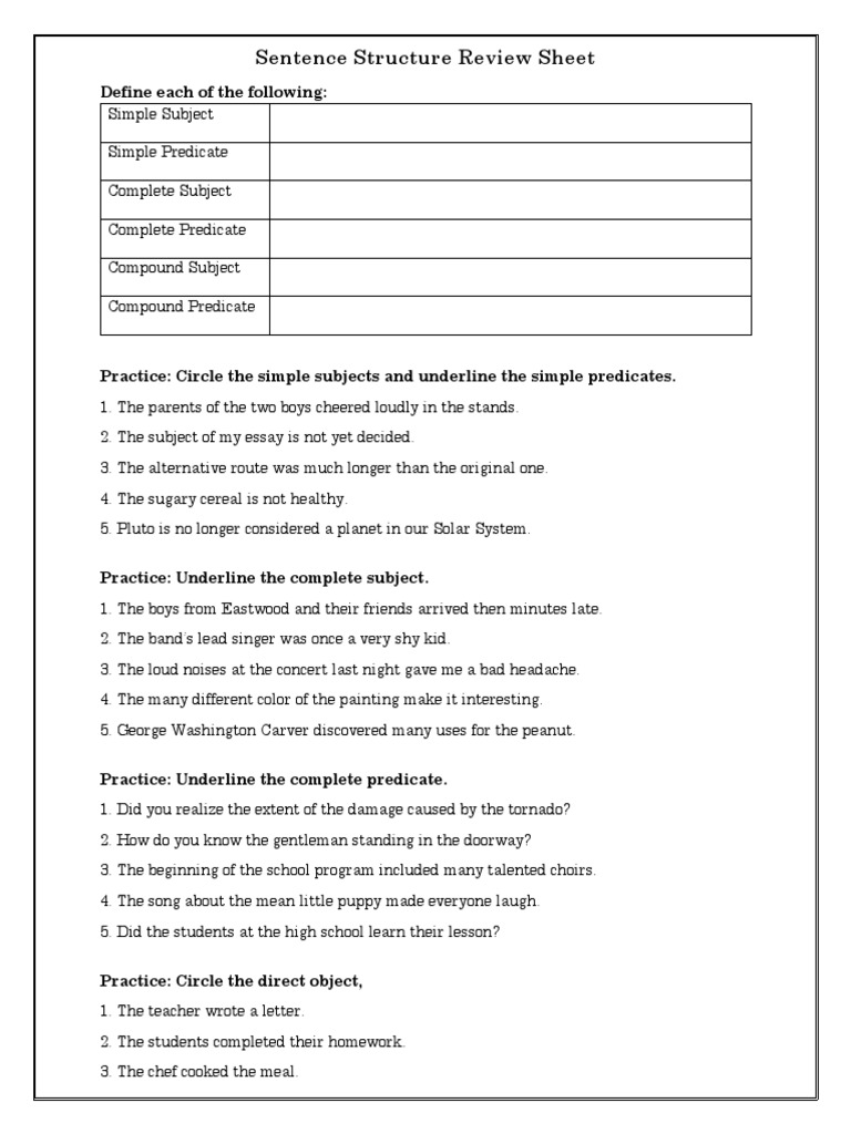 Review Sheet Structure-Subpred | PDF | Sentence (Linguistics)
