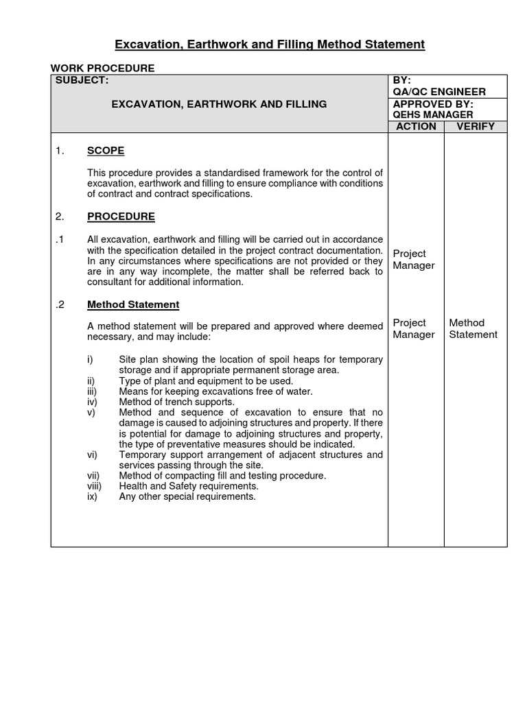 Excavation, Earthwork and Filling Method Statement | PDF | Excavation (Archaeology) | Quality ...
