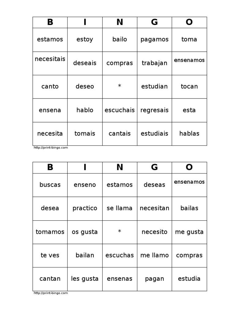 Bingo de Verbos en Español para Imprimir | PDF | Juegos y lotería | Ocio