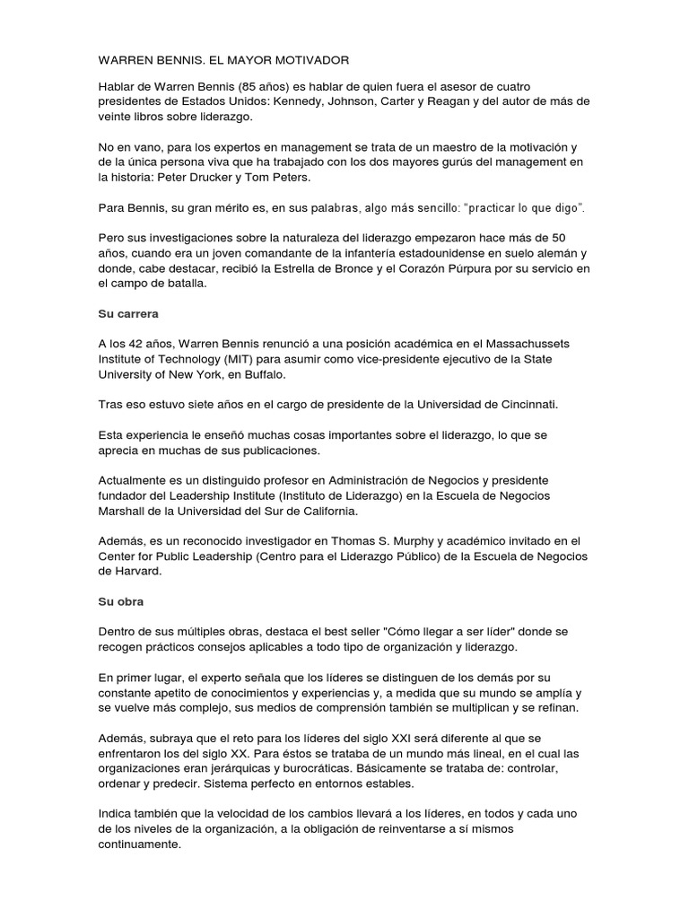 Warren Bennis: Maestro del Liderazgo | PDF | Liderazgo | Sicología
