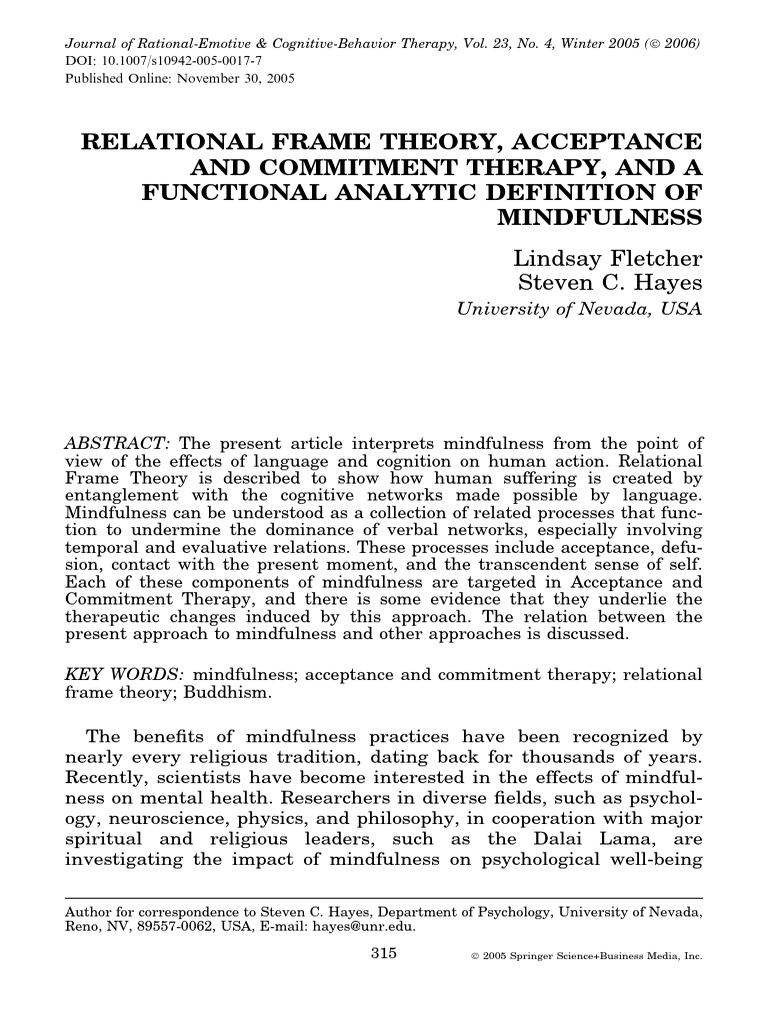 Relational Frame Theory Acceptance And Commitment Therapy And A Functional Analytic Definition