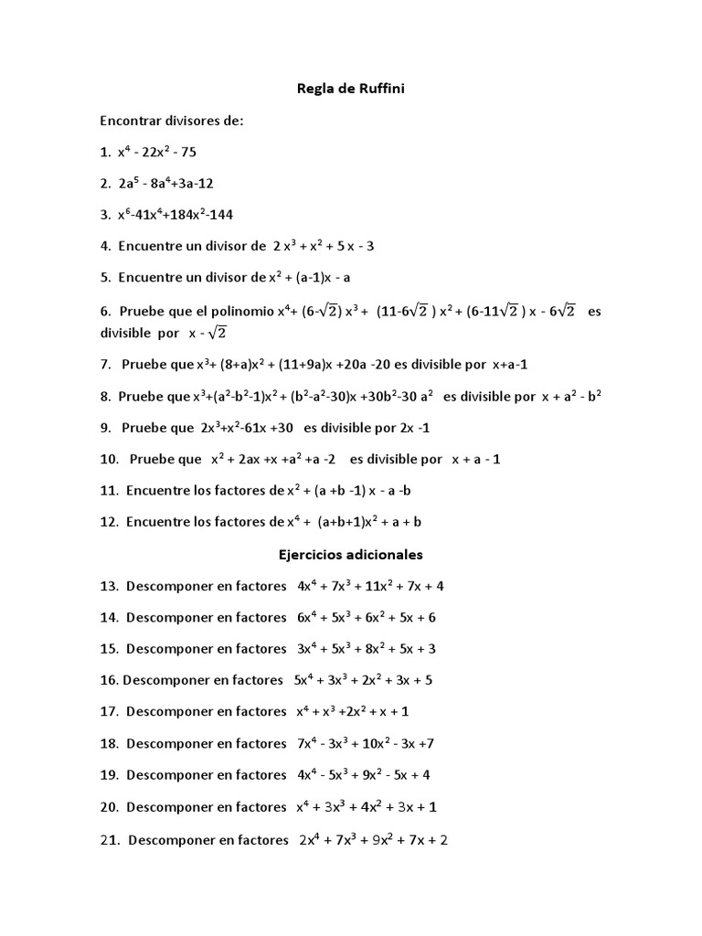 Ejercicios Regla de Ruffini | PDF