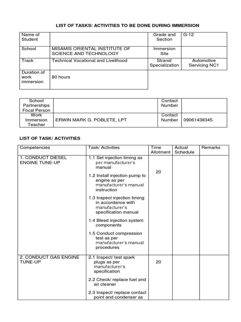 List Of Tasks/ Activities To Be Done During Immersion | Engines ...