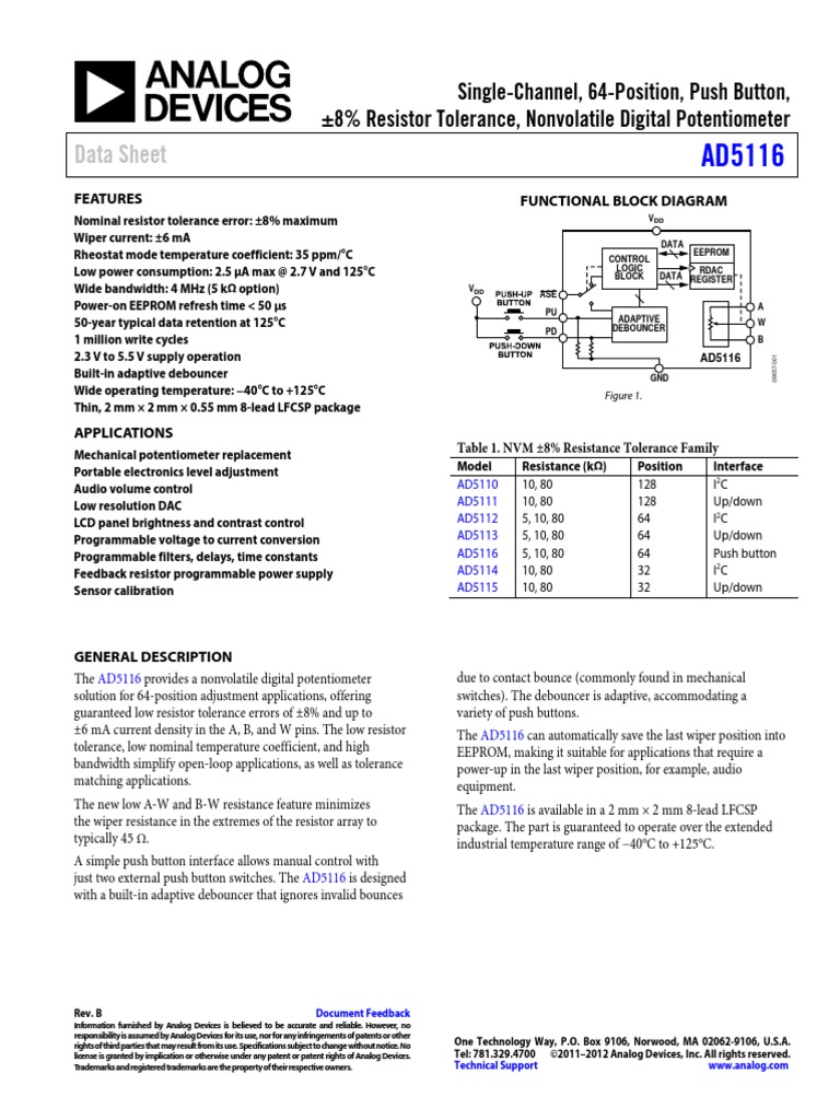 Data Sheet: Single-Channel, 64-Position, Push Button, 8% Resistor ...