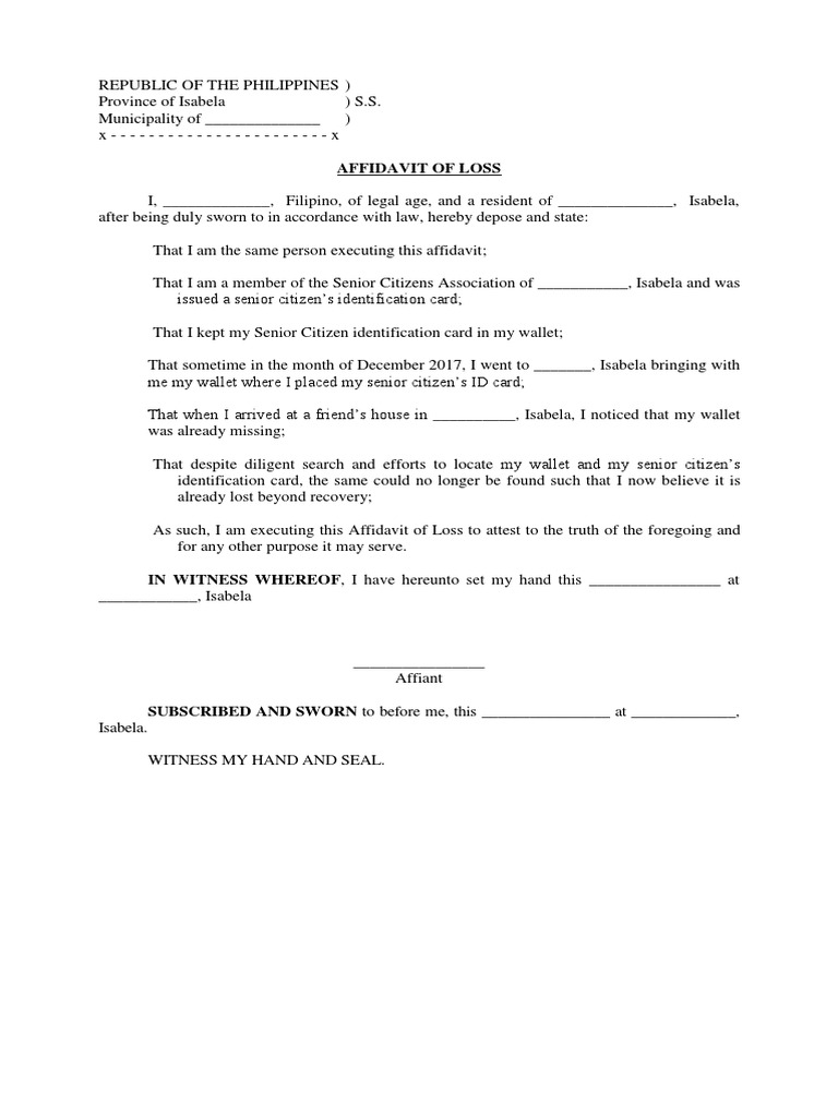 Affidavit of Loss Senior Citizen's ID Card