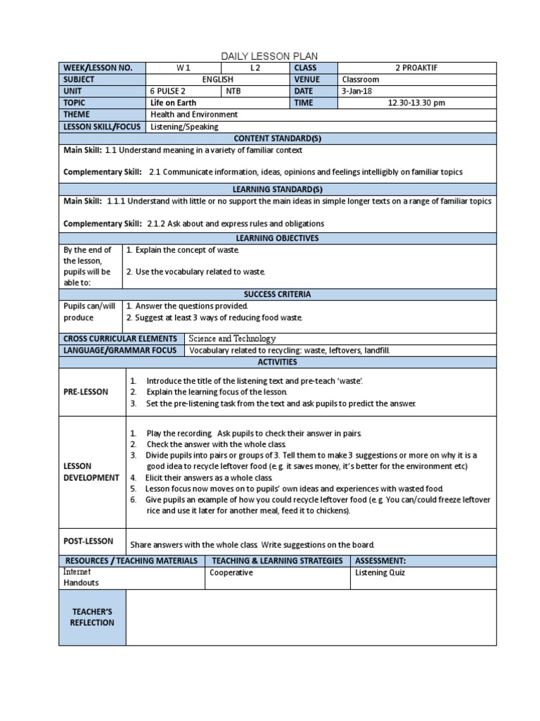KSSM English Lesson Plan For Form 2 (Sample) | PDF | Lesson Plan ...