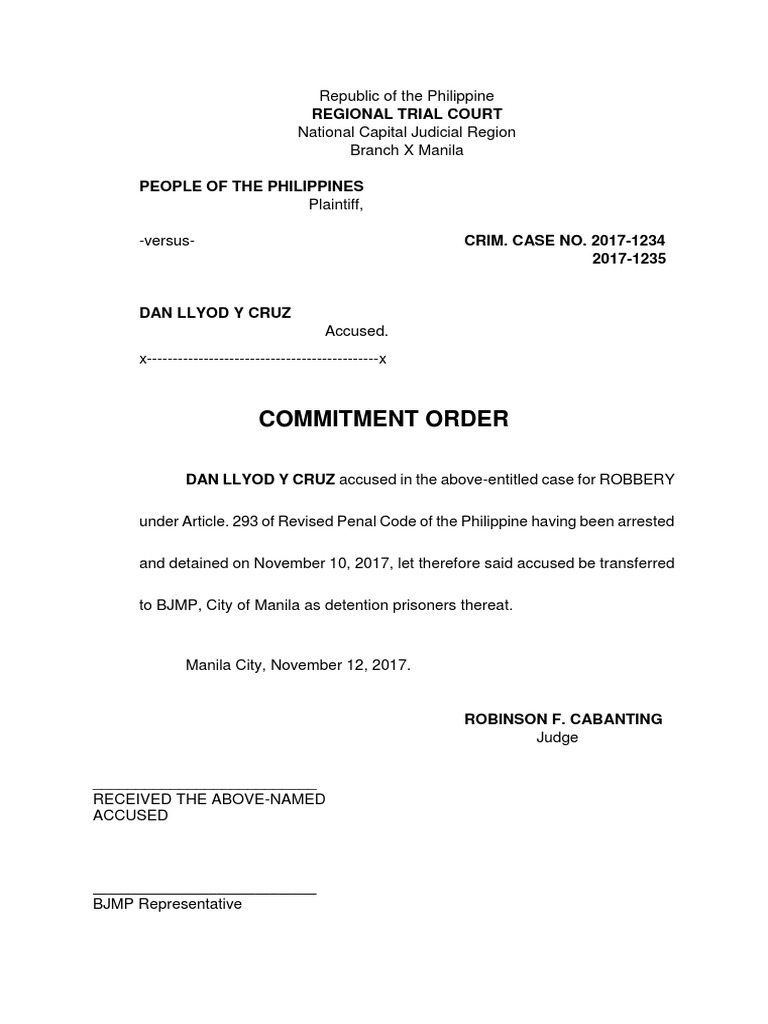 Commitment Order: Regional Trial Court | PDF