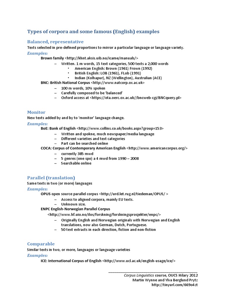 Types of corpora and some famous (English) examples: Balanced ...