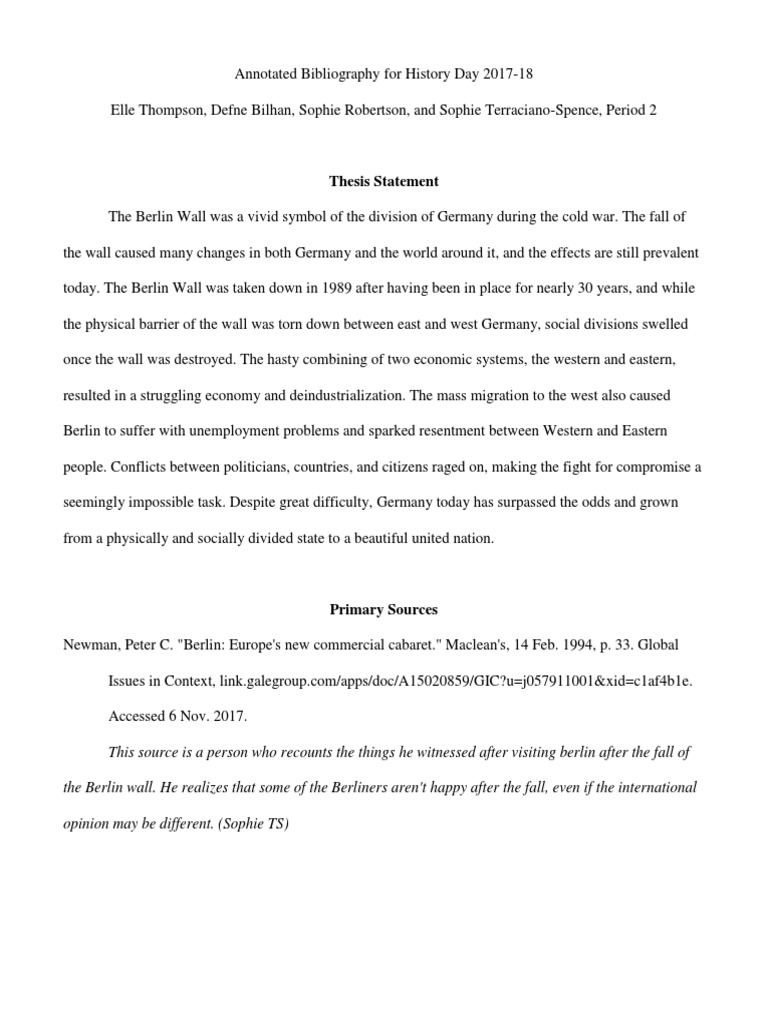 History Day Annotated Bibliography | PDF | Berlin Wall | German ...