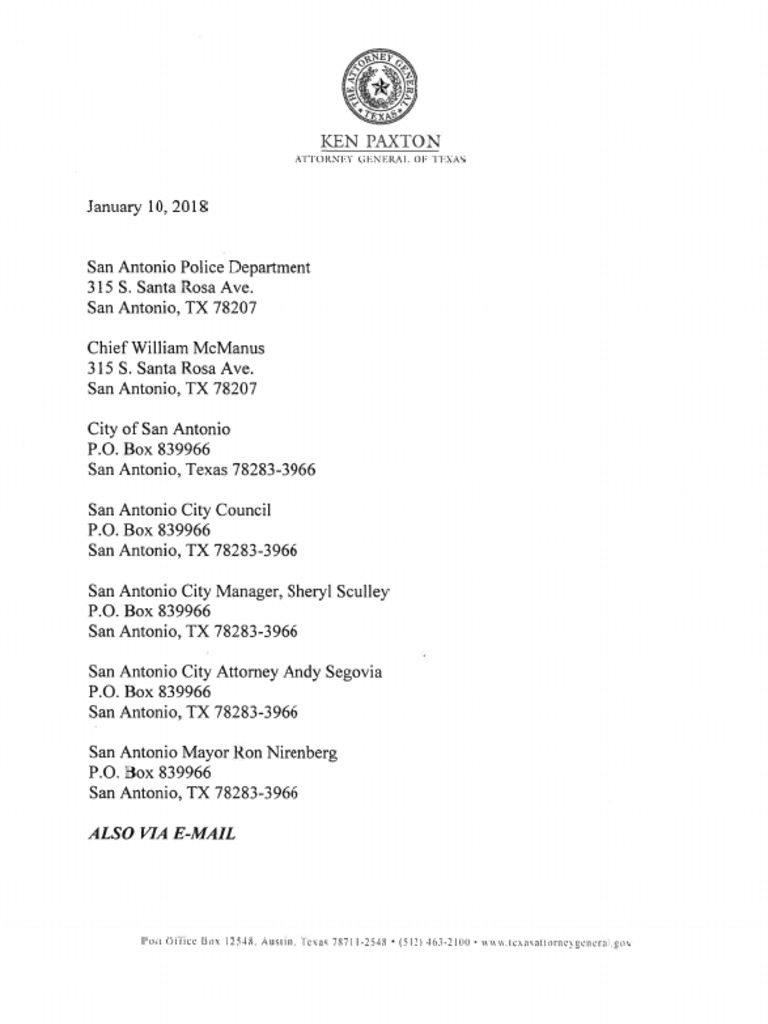 AG Paxton Letter To SAPD | PDF