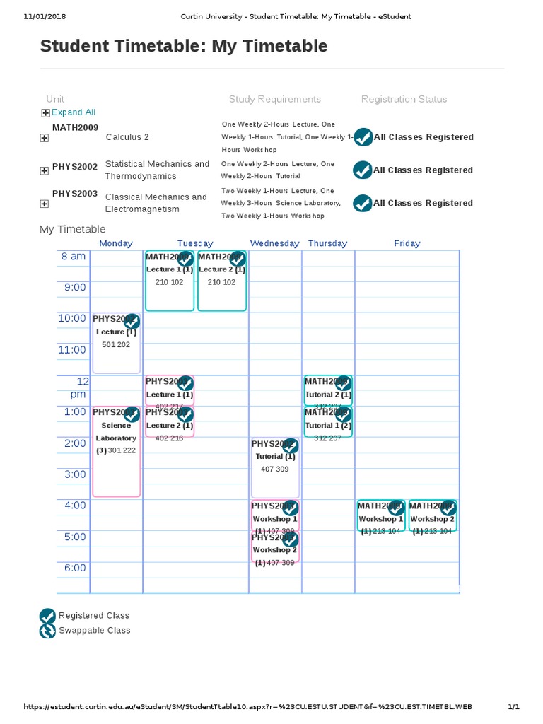 Curtin University - Student Timetable - My Timetable - EStudent | PDF ...