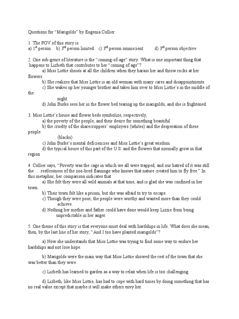 By Eugenia Collier Marigolds Answers