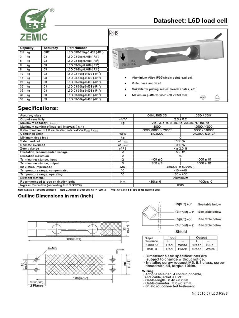 Datasheet: L6D Load Cell: Specifications | PDF | Kilogram | Electrical Components